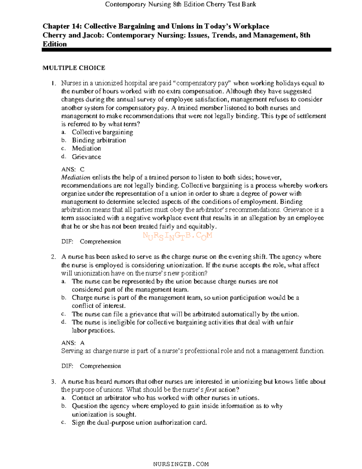 14 - Practice questions for contemporary of nursing nursing class ...