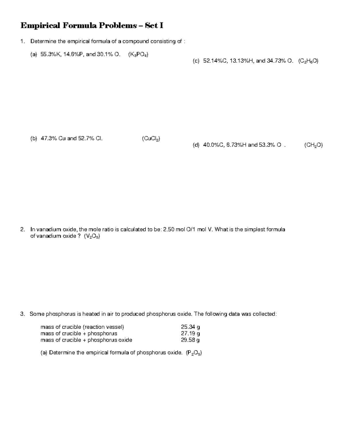 Emp form sets 1 and 2 - Empirical Formula Problems – Set I Determine ...