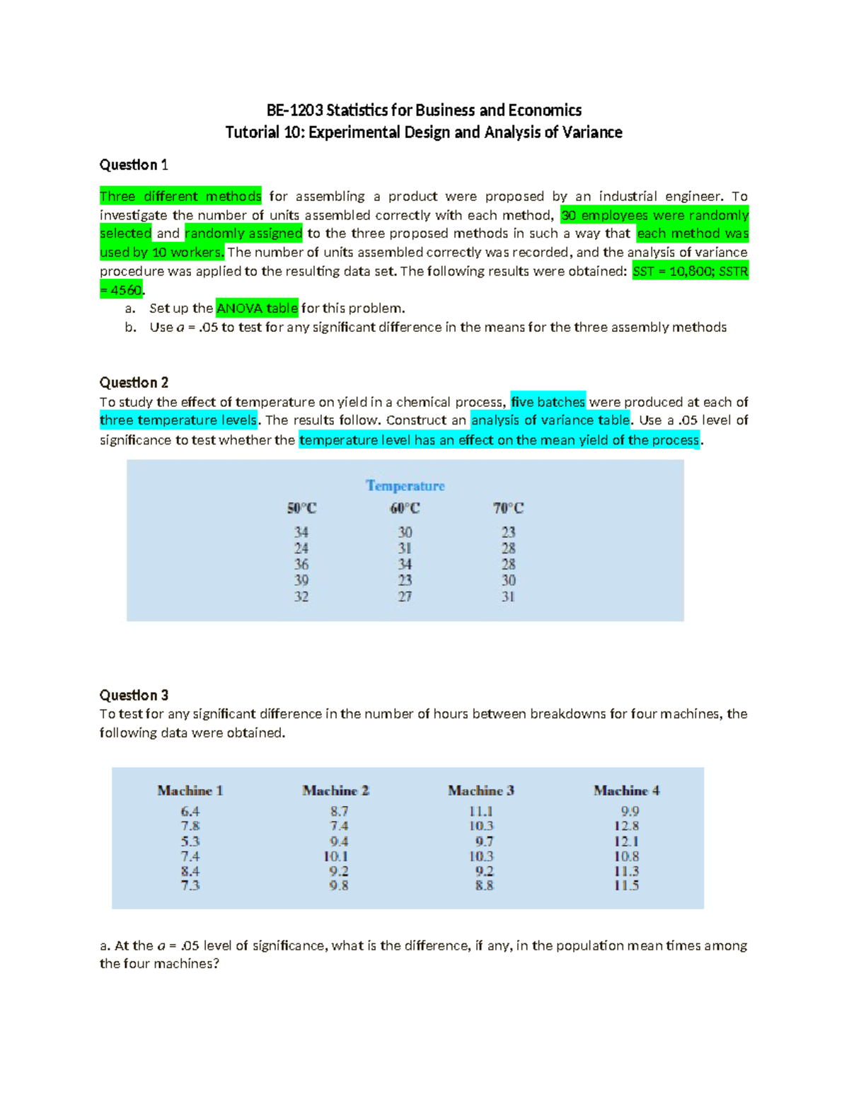 Tutorial 10 - practice Questions - BE-1203 Statistics for Business and Economics Tutorial 10 ...