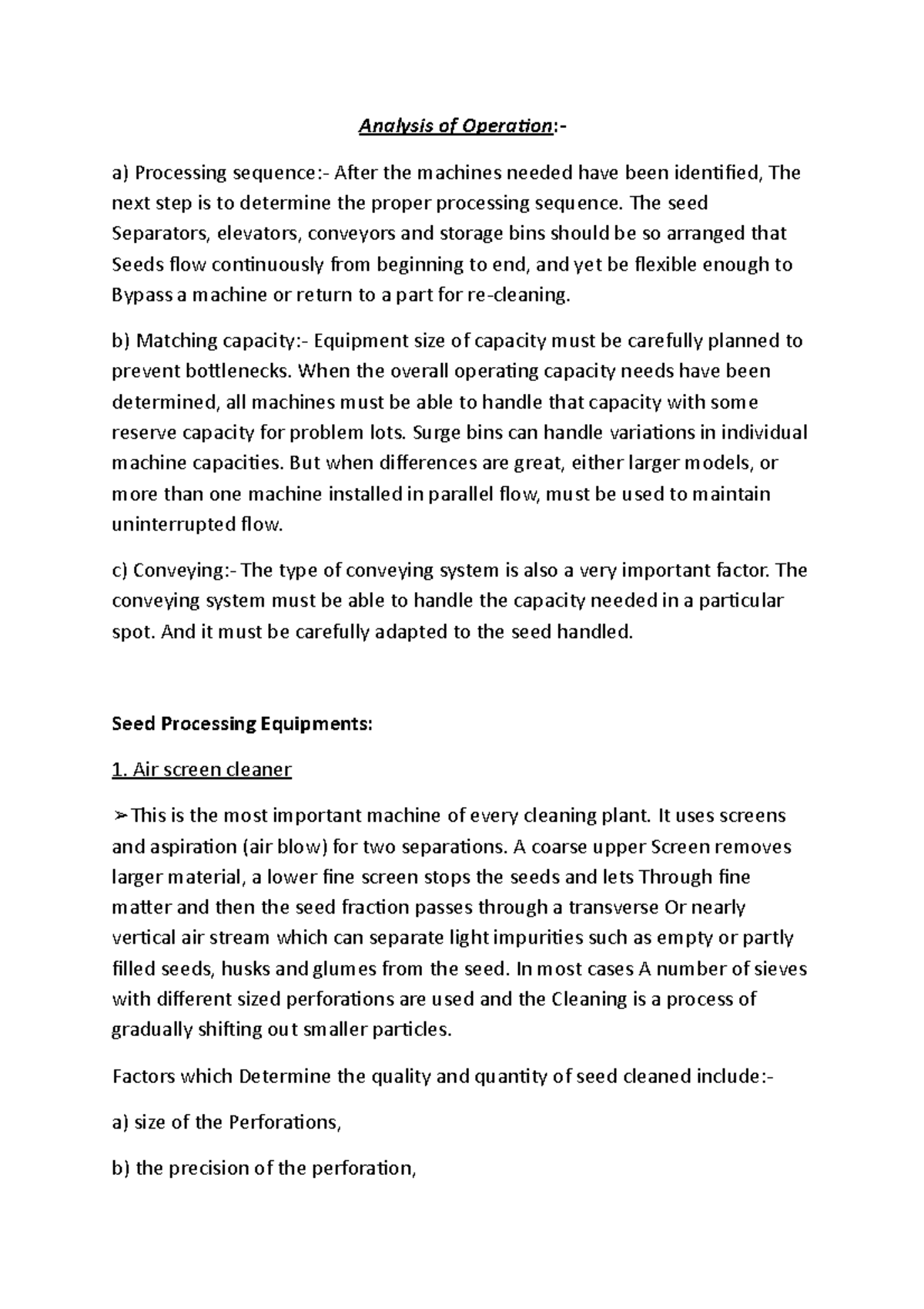 Seed Processing analysis and equipments - Analysis of Operation:- a ...
