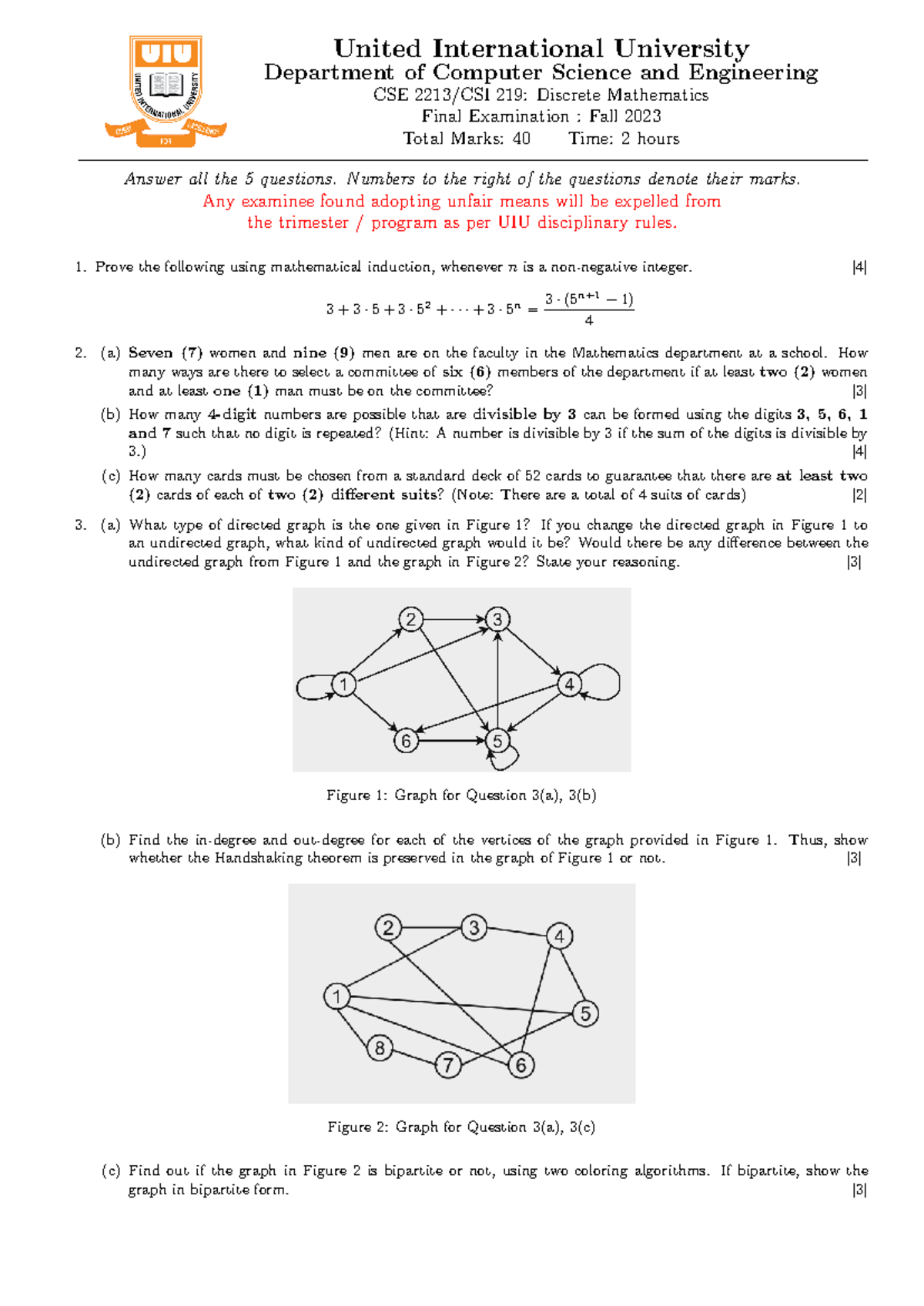 Fall 23 - Final ques. - United International University Department of ...