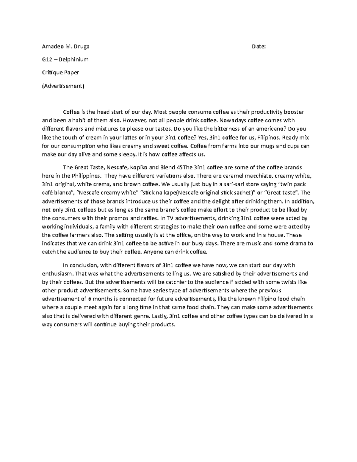 Critq Advertsment - A critique advertisement sample. - Amadeo M. Druga ...