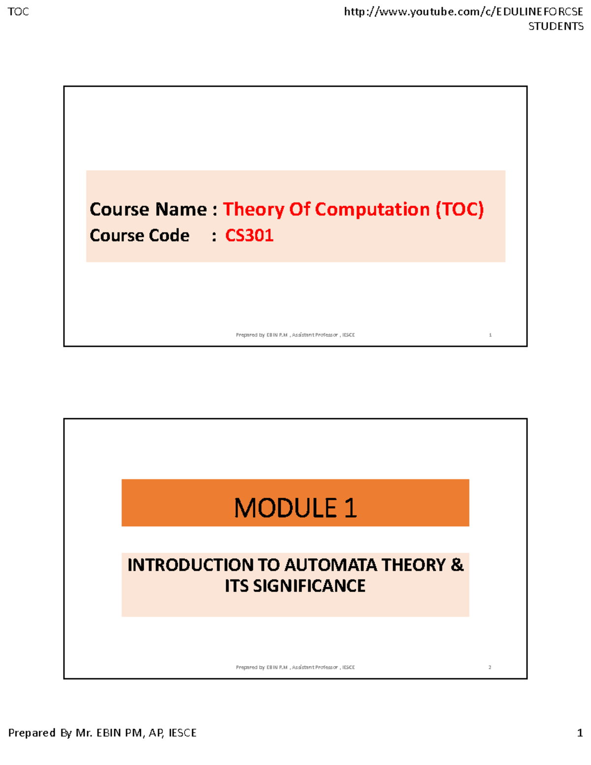 Module 1 introduction - STUDENTS Course Name : Theory Of Computation (TOC) Course Code : CS ...
