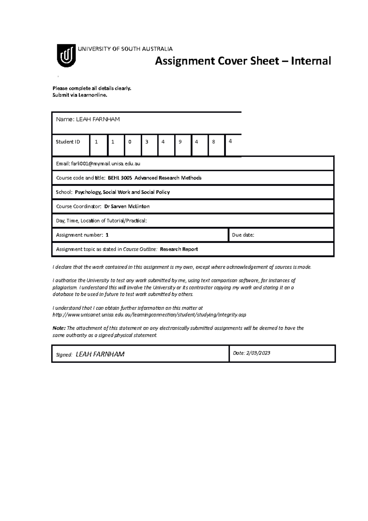 Research Report Cover Marking Sheet - UNIVERSITY OF SOUTH AUSTRALIA ...
