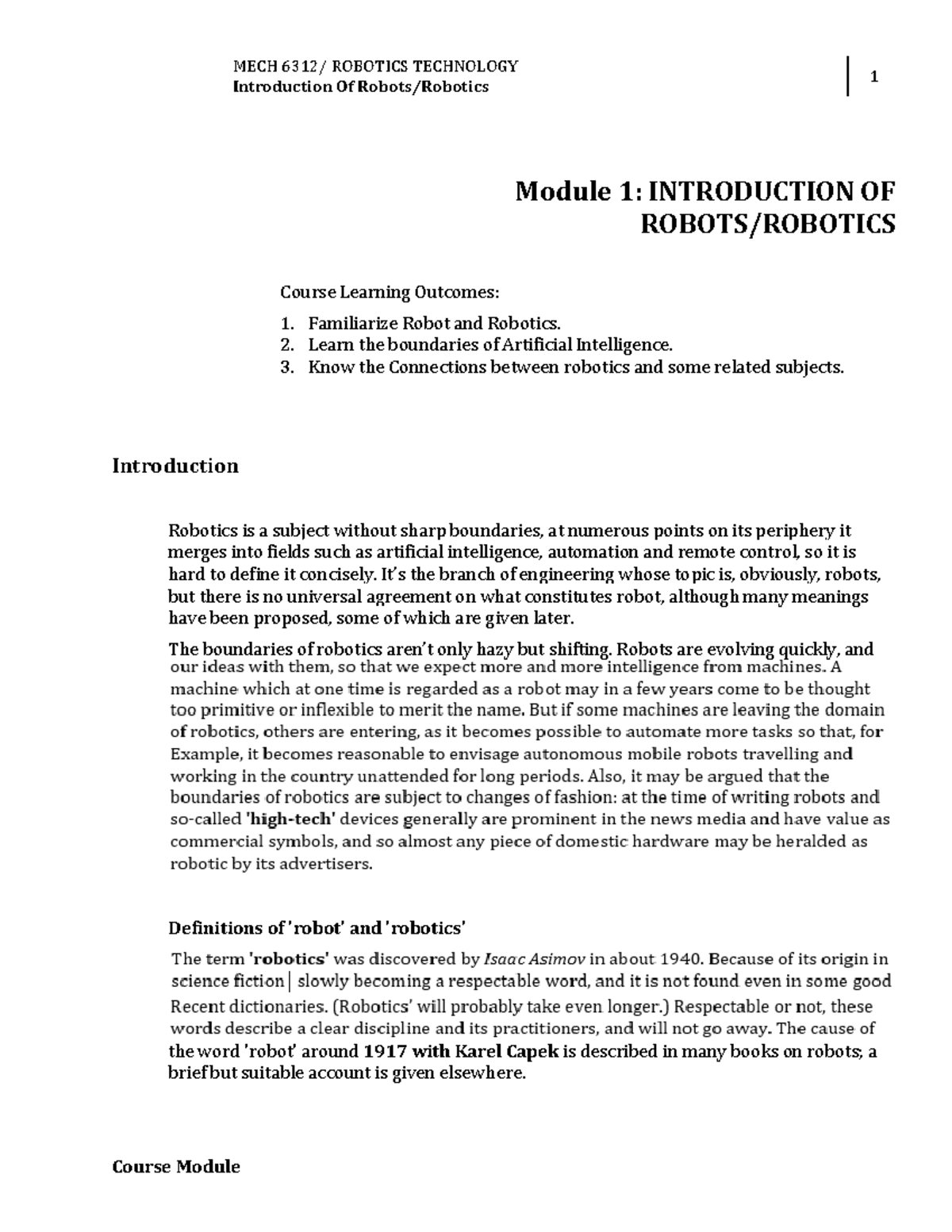 Week 1 - Introduction to Roboctics - MECH 6312/ ROBOTICS TECHNOLOGY ...
