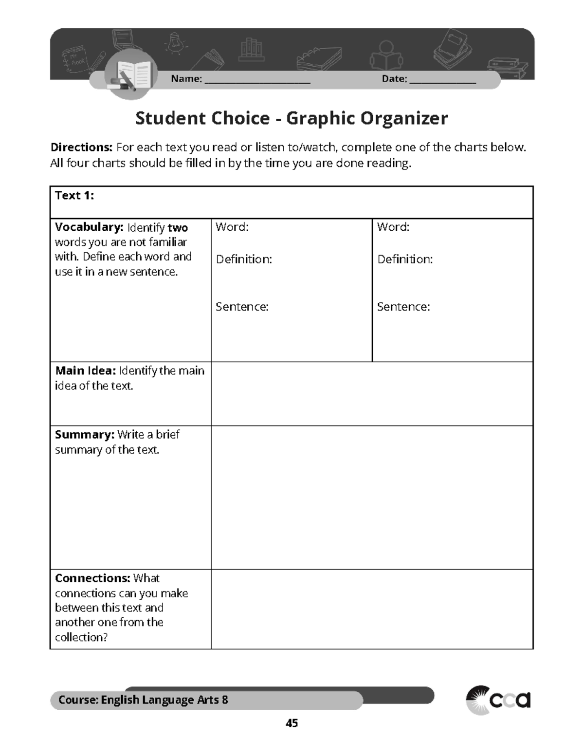 Student Choice Graphic Organizer Fillable EP - Course: English Language ...