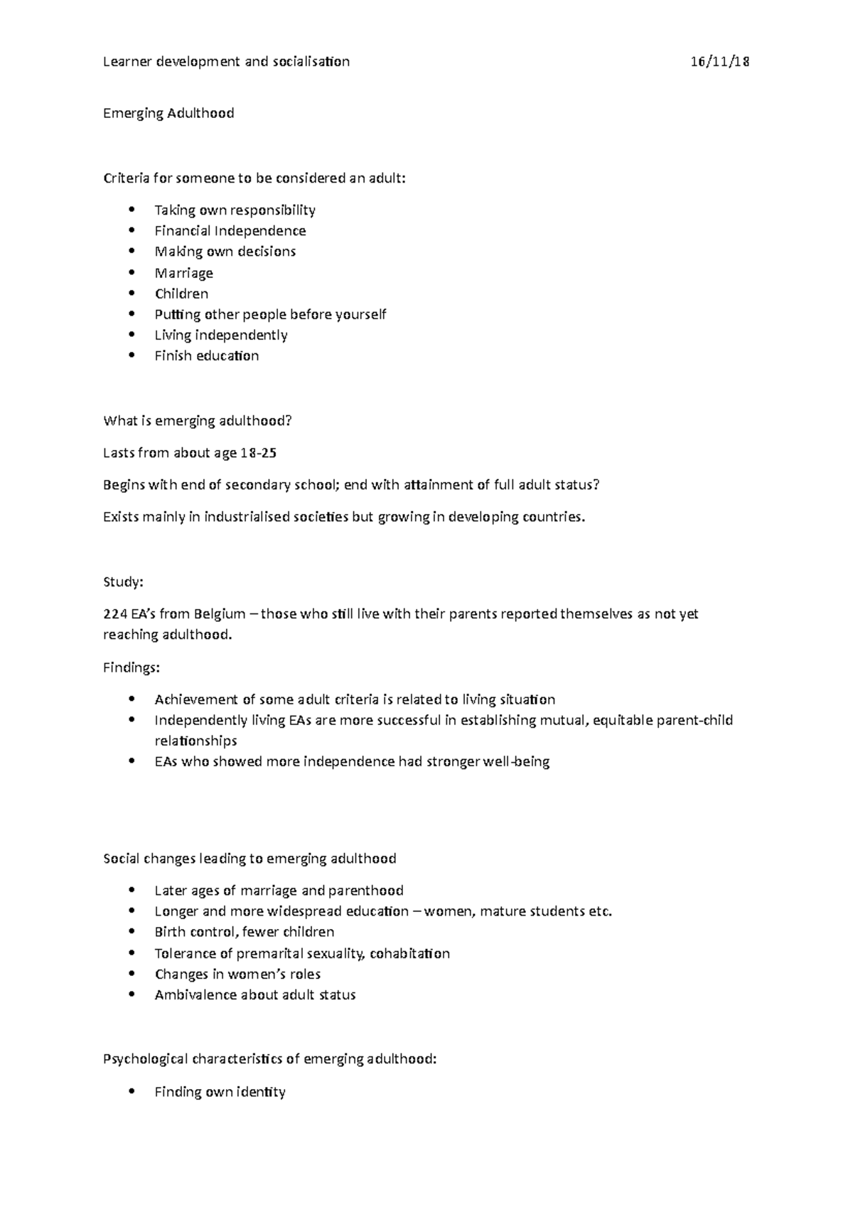 Developmental psychology - Lecture 7 notes - Emerging Adulthood ...