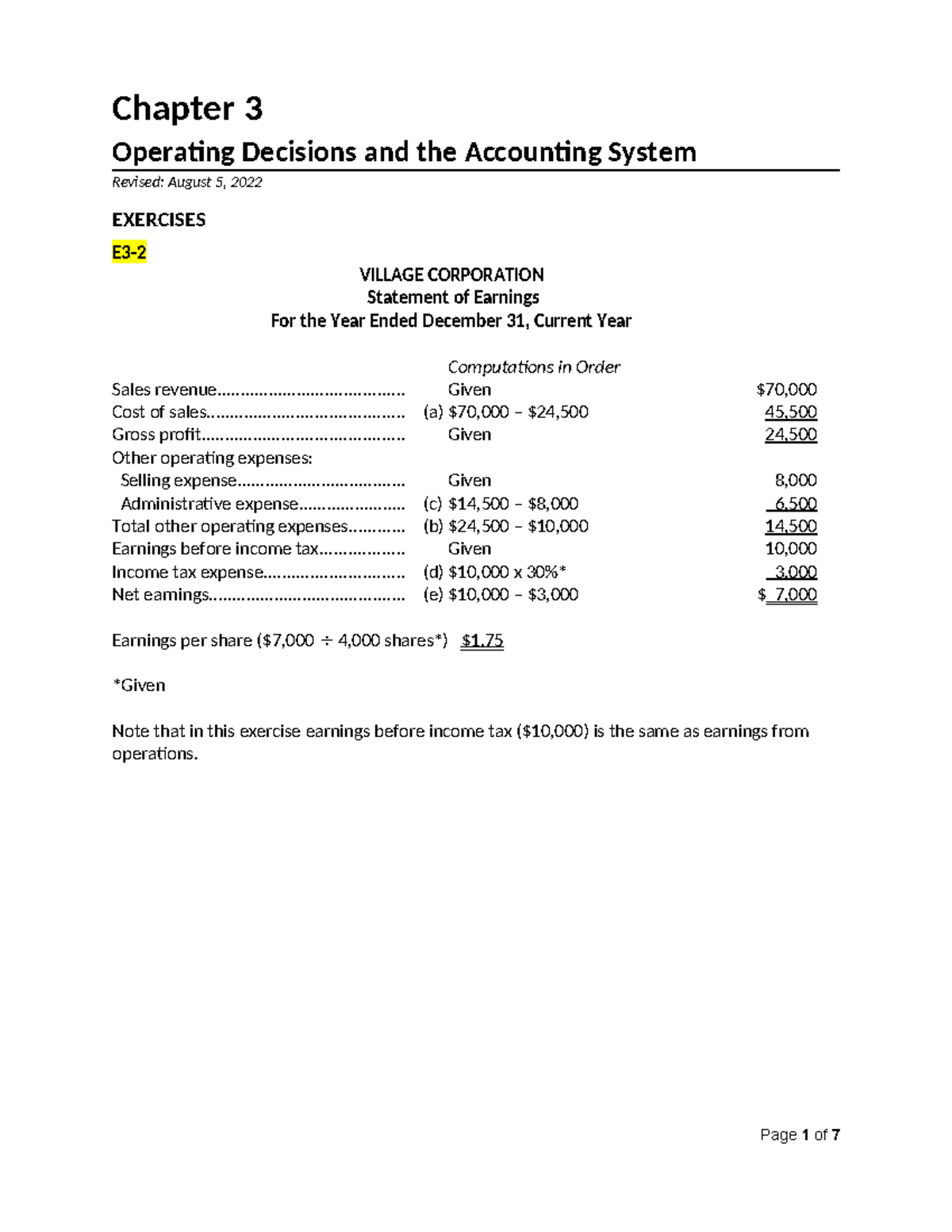 BU 127 Ch 03 In Class Solution - Chapter 3 Operating Decisions and the ...