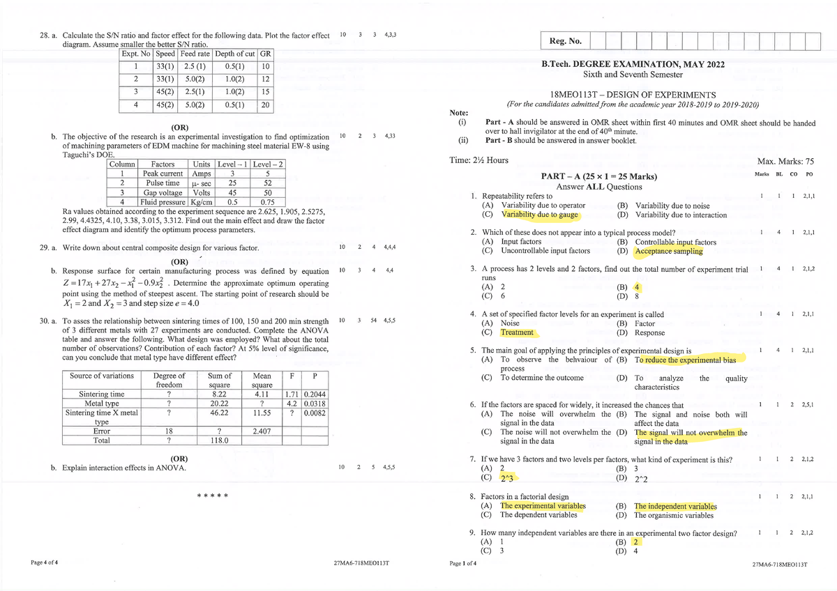 18MEO113T-6 to 7 Sem - design of experiment - Studocu
