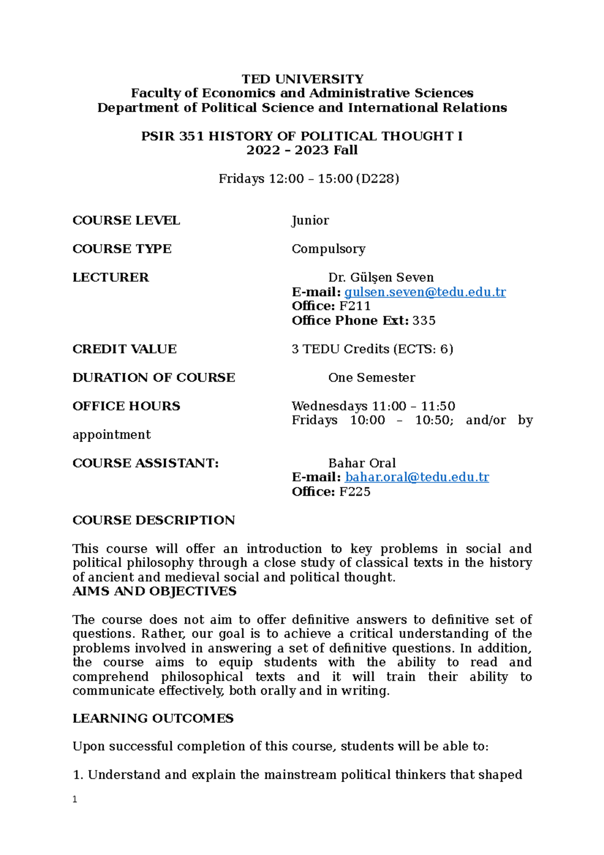 TED University PSIR 351 History OF Political Thought I Syllabus - TED ...