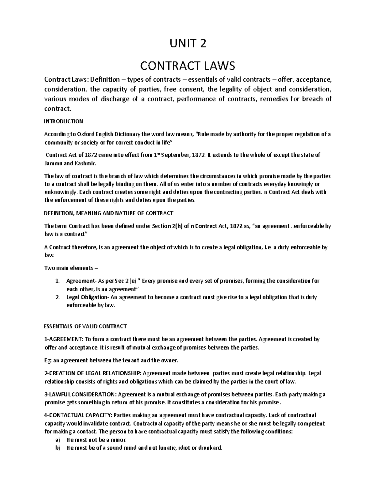 LLB Law 2223 - CREATION OF LEGAL RELATIONSHIP - UNIT 2 CONTRACT LAWS ...