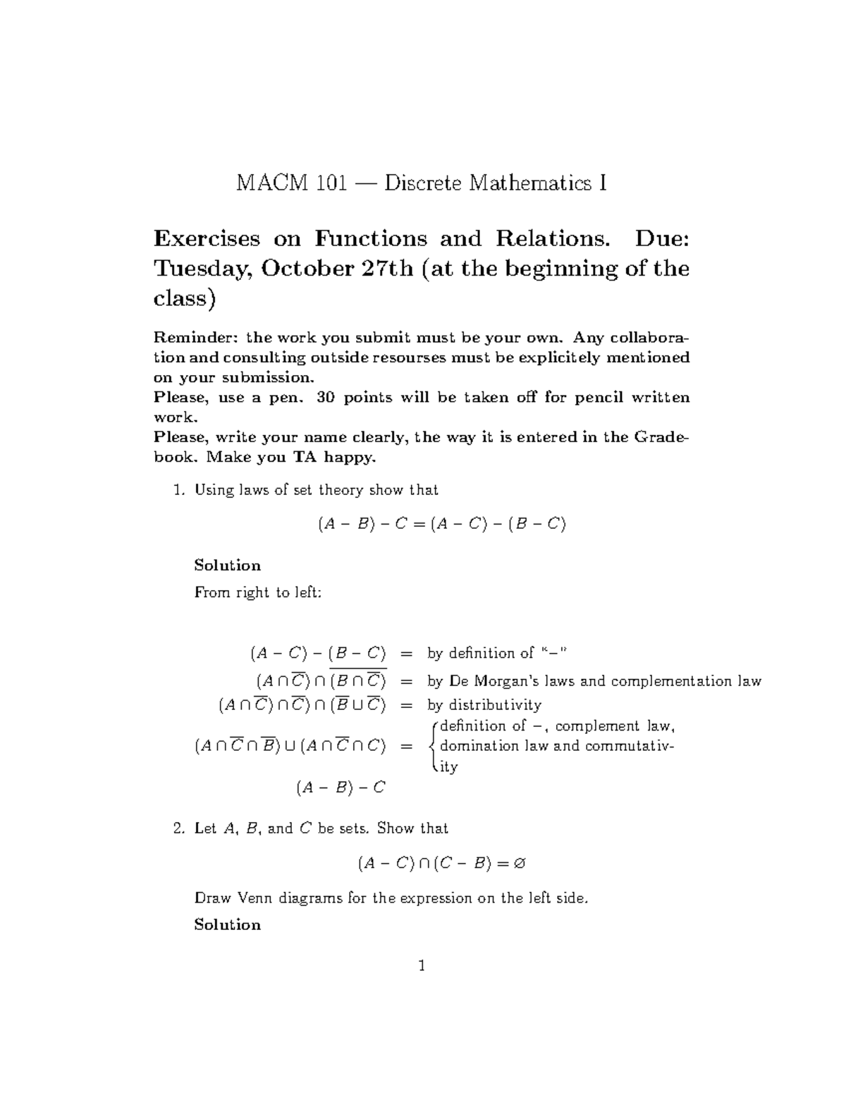 Assignment 3 Solutions Macm 101 — Discrete Mathematics I Exercises On