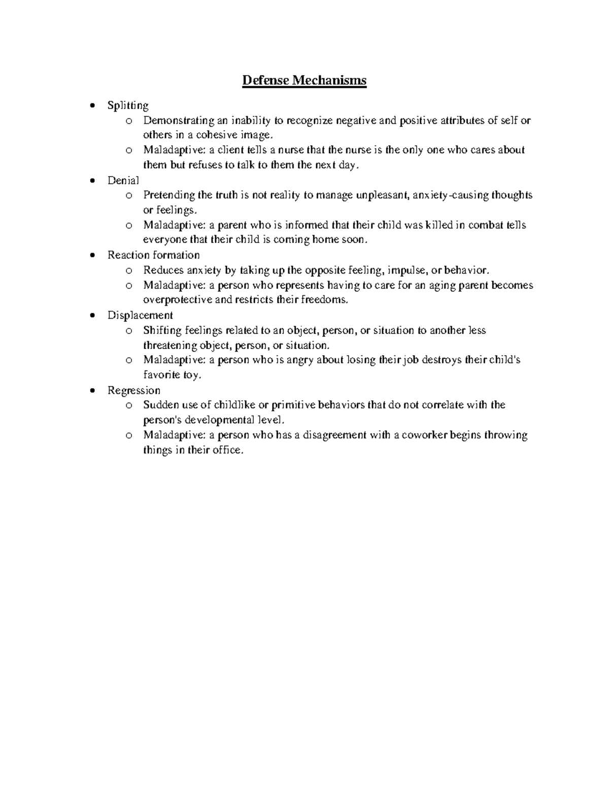 Unit 2 Mental Health Notes - Defense Mechanisms Splitting o ...