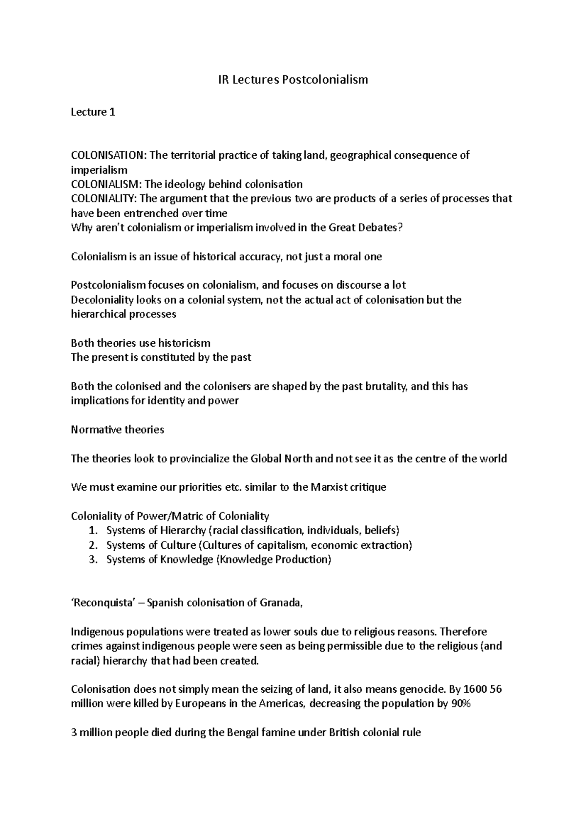 IR Lectures Postcolonialism - IR2005 - St Andrews - Studocu