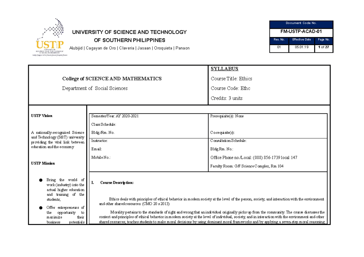 Ethics.Course Syllabus.1 NO SIG Lesson 1 ethics introduction plan for ...