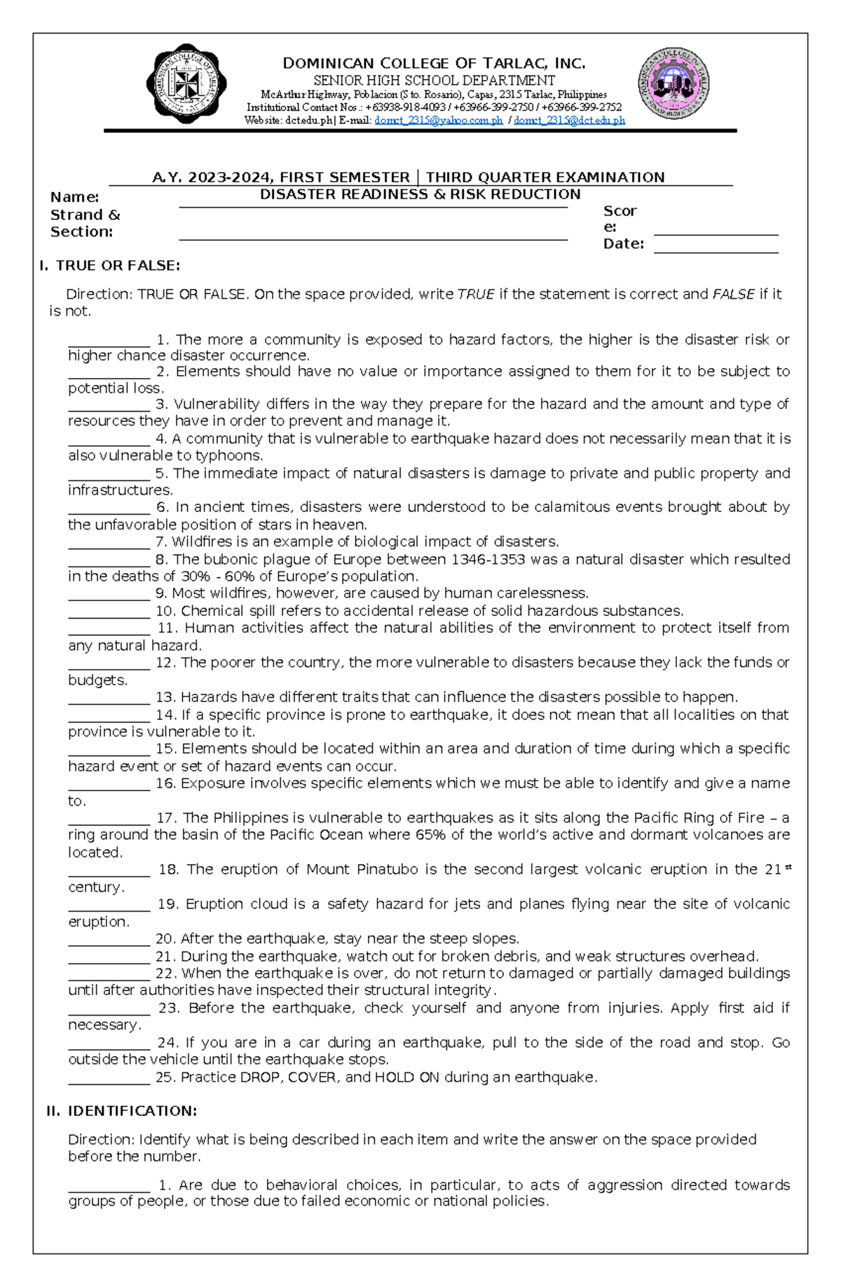 DRRR 3RD Quarter EXAM - ASSESSMENT - Name: Strand & Section: I. TRUE OR ...