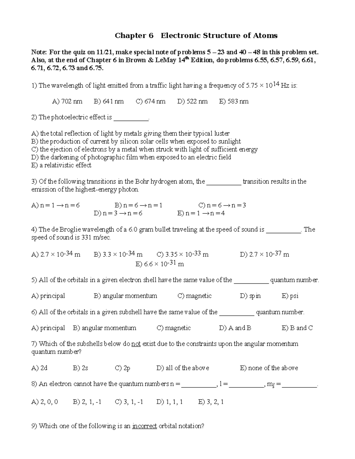 Chapt 6 prob set B - cote - Chapter 6 Electronic Structure of Atoms ...