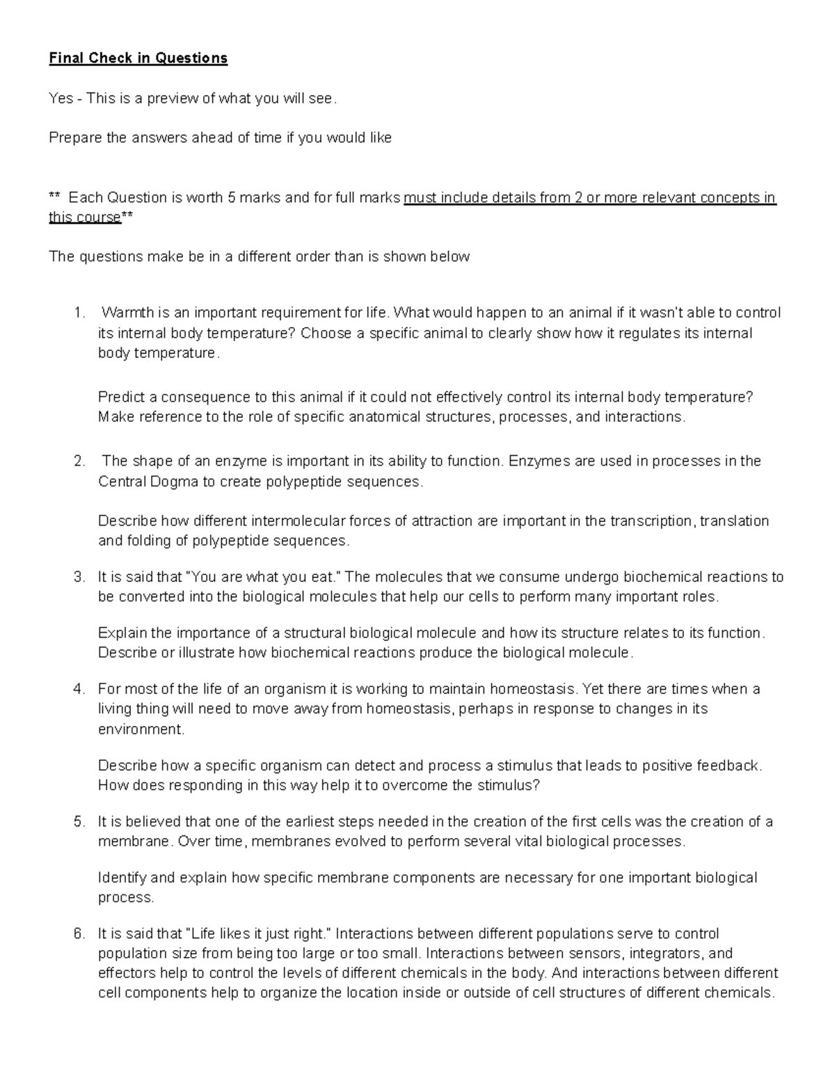 Final Check in Questions - Prepare the answers ahead of time if you ...