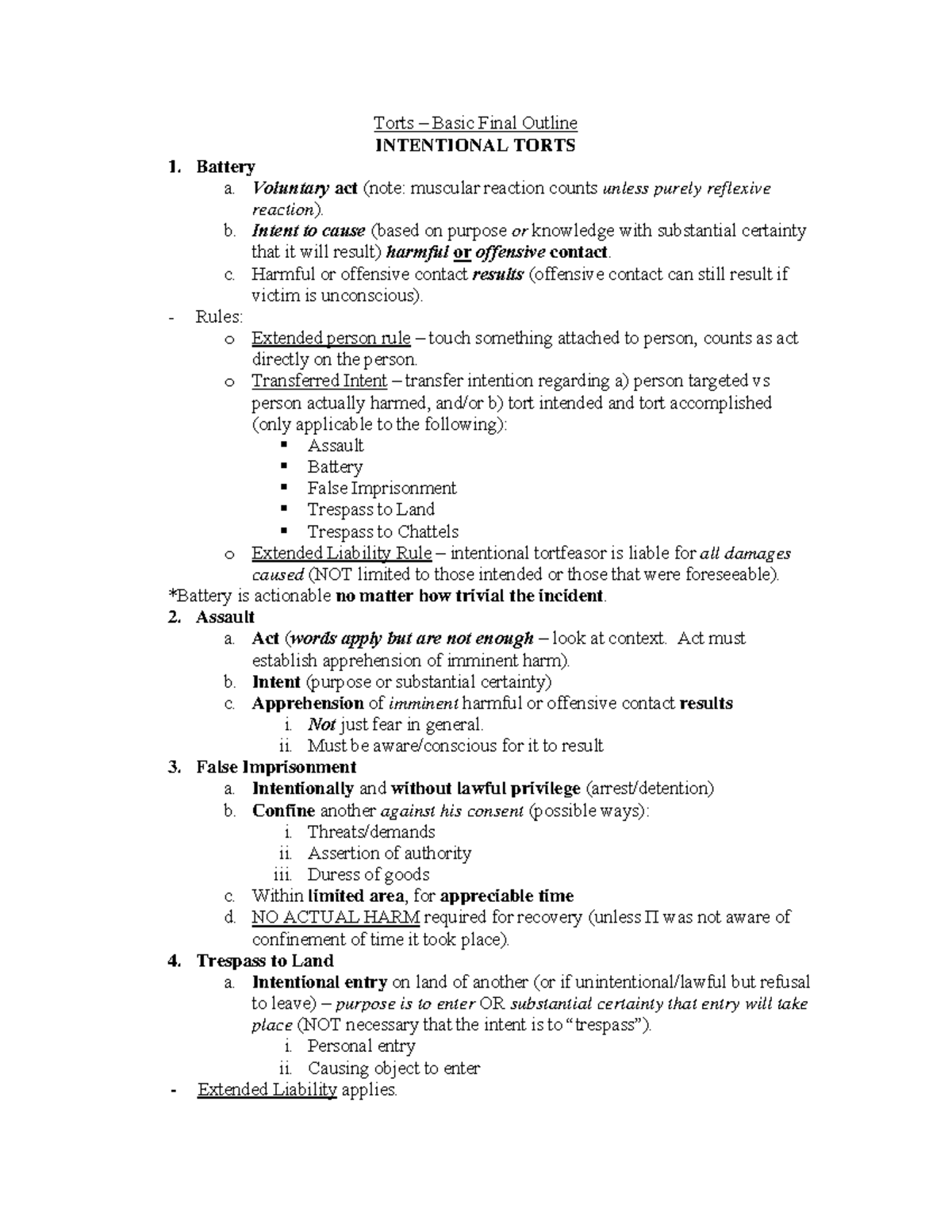 Torts Basic Outline - Torts – Basic Final Outline INTENTIONAL TORTS 1 ...
