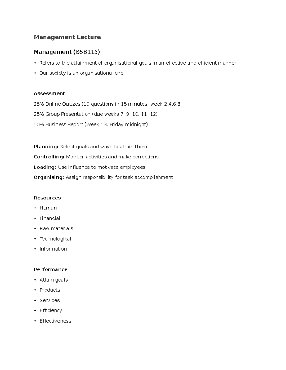 Lecture Week 1 - Management Lecture Management (BSB115) Refers to the ...