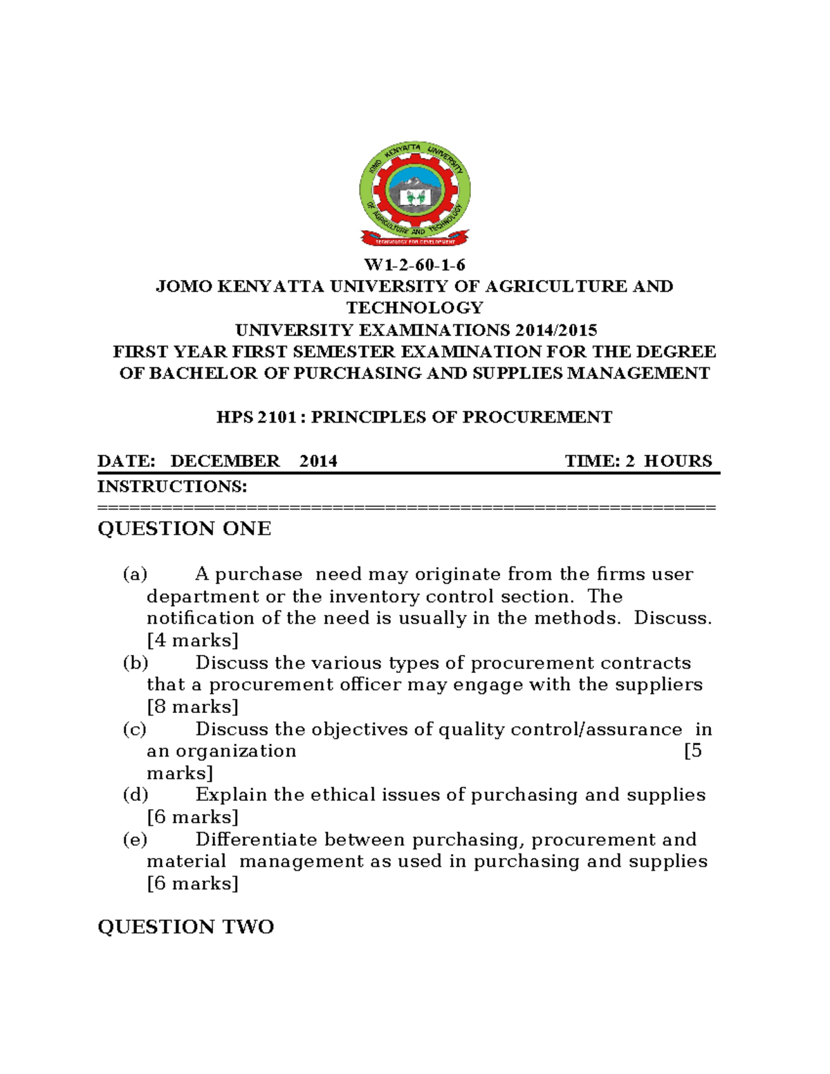 HPS 2101 Principles OF Procurement - W1-2-60-1- JOMO KENYATTA ...