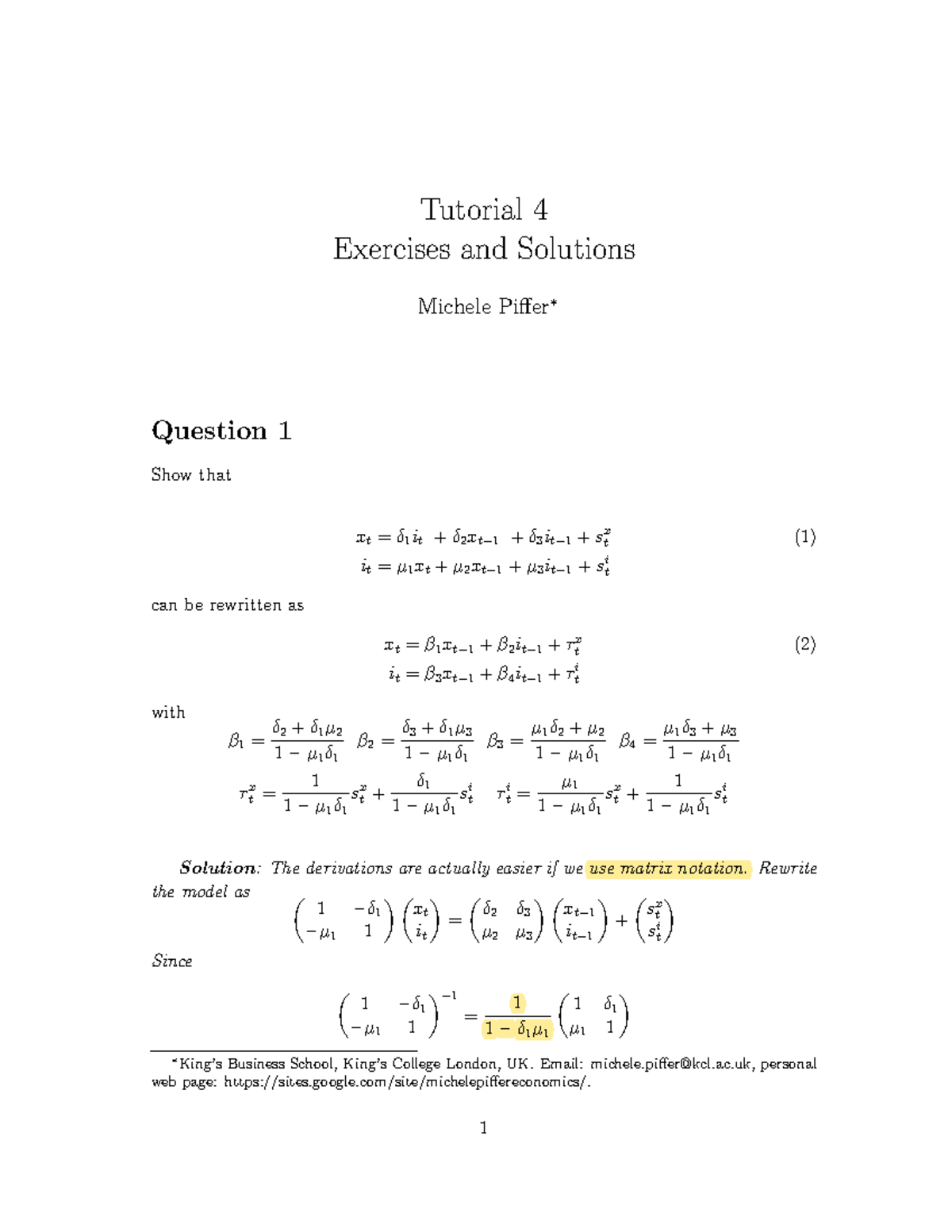 Tutorial 4 with solutions - Tutorial 4 Exercises and Solutions Michele ...
