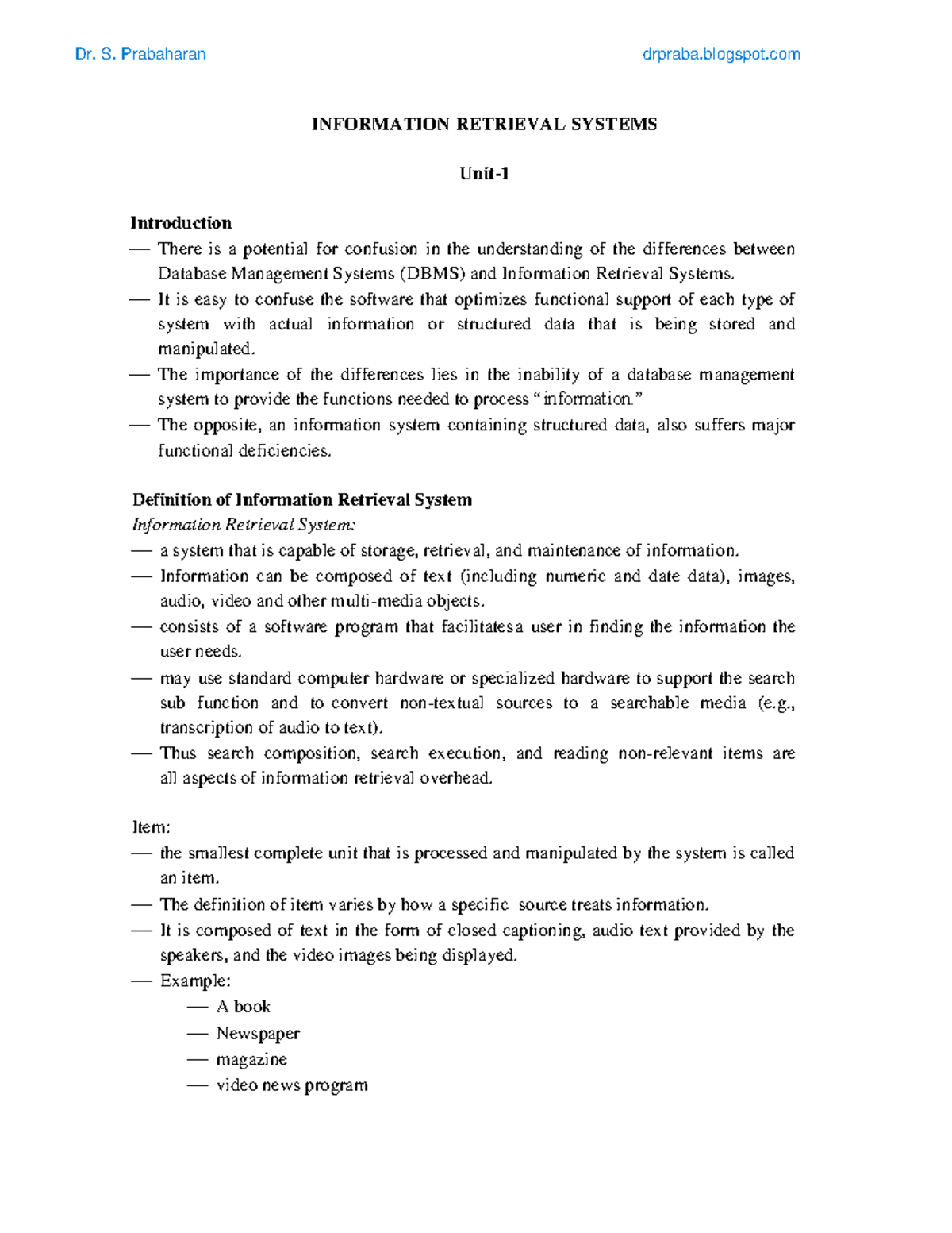 UNIT 1 IRS - IRS LECTURE NOTES - INFORMATION RETRIEVAL SYSTEMS Unit ...