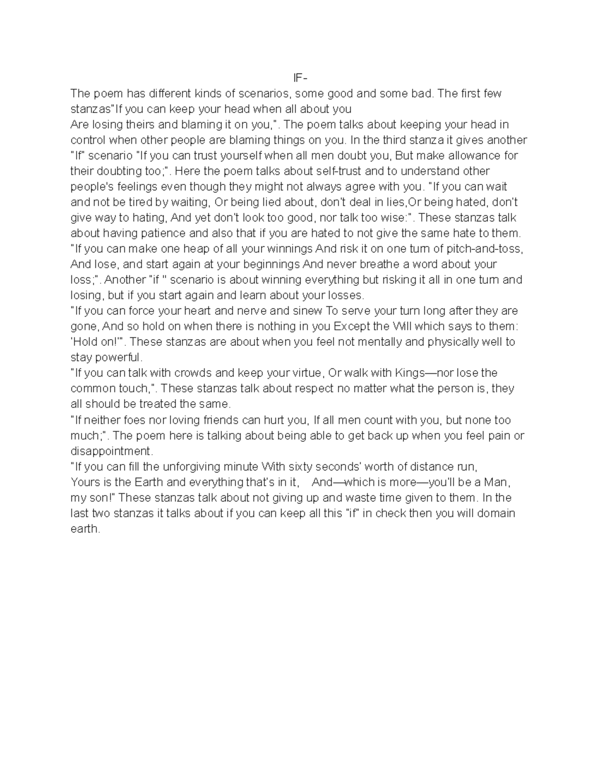 Poem - English homework - IF- The poem has different kinds of scenarios ...