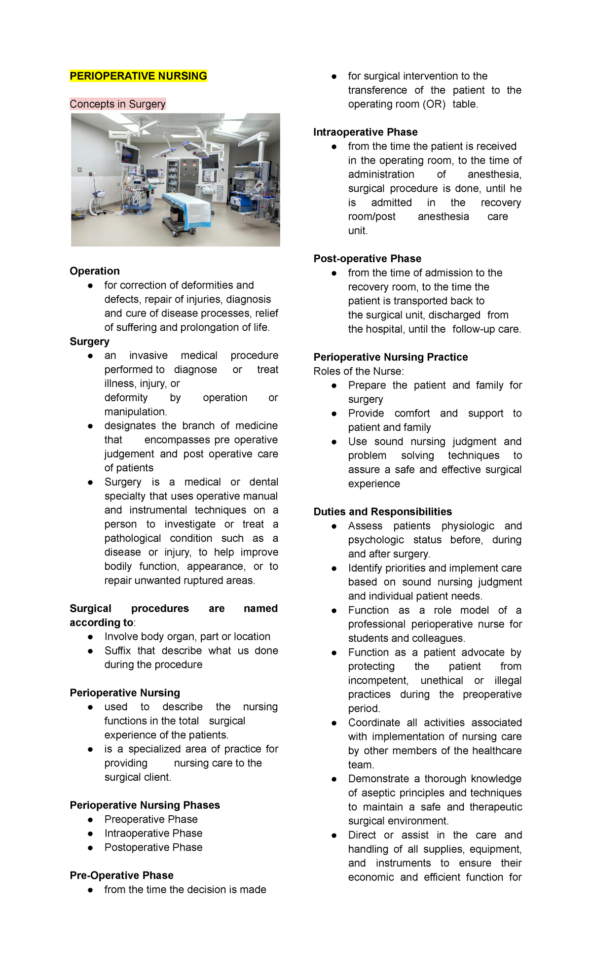 Medical Surgery - PERIOPERATIVE NURSING Concepts in Surgery Operation ...