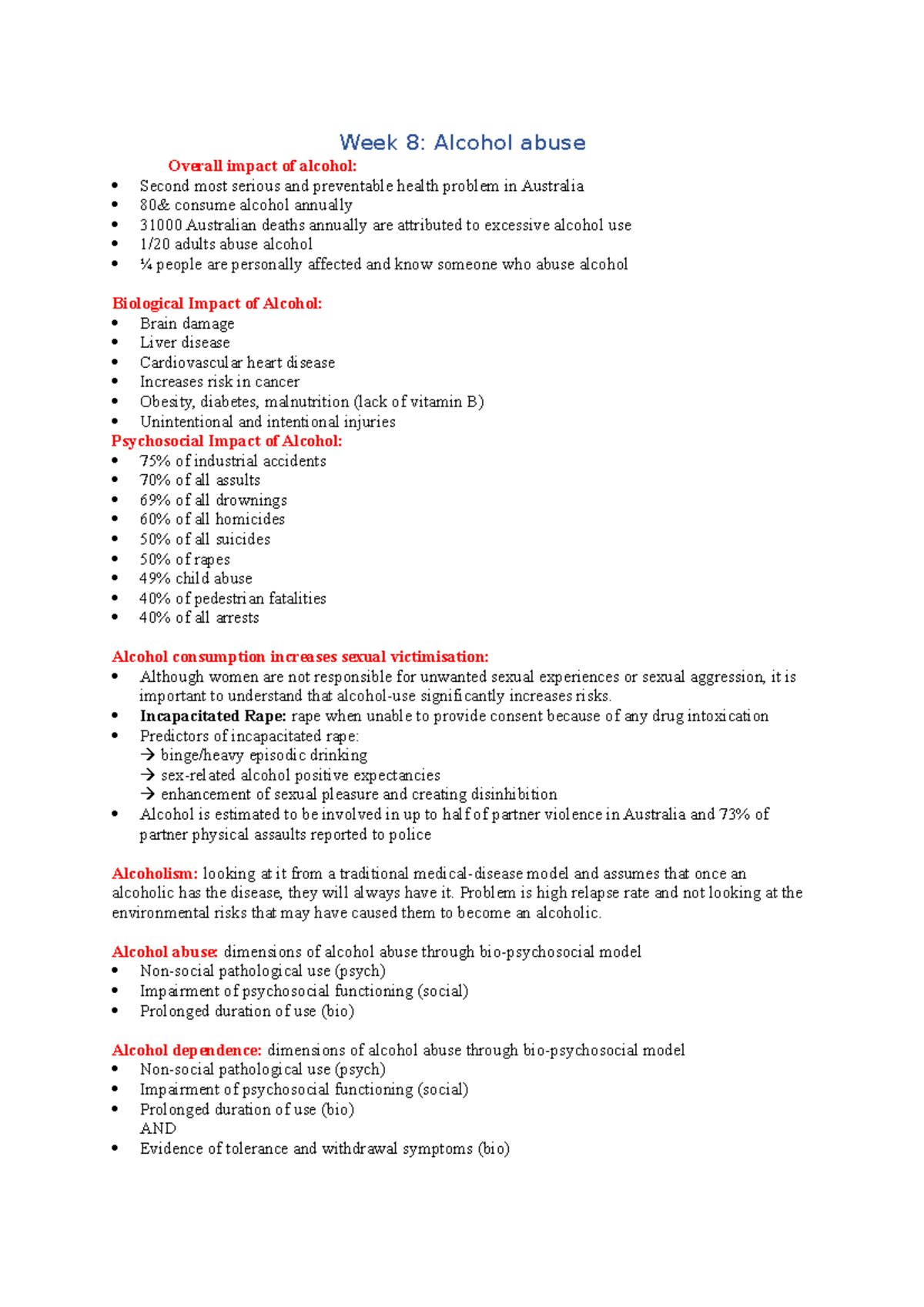 Week 8. alcohol abuse - Week 8: Alcohol abuse Overall impact of alcohol ...