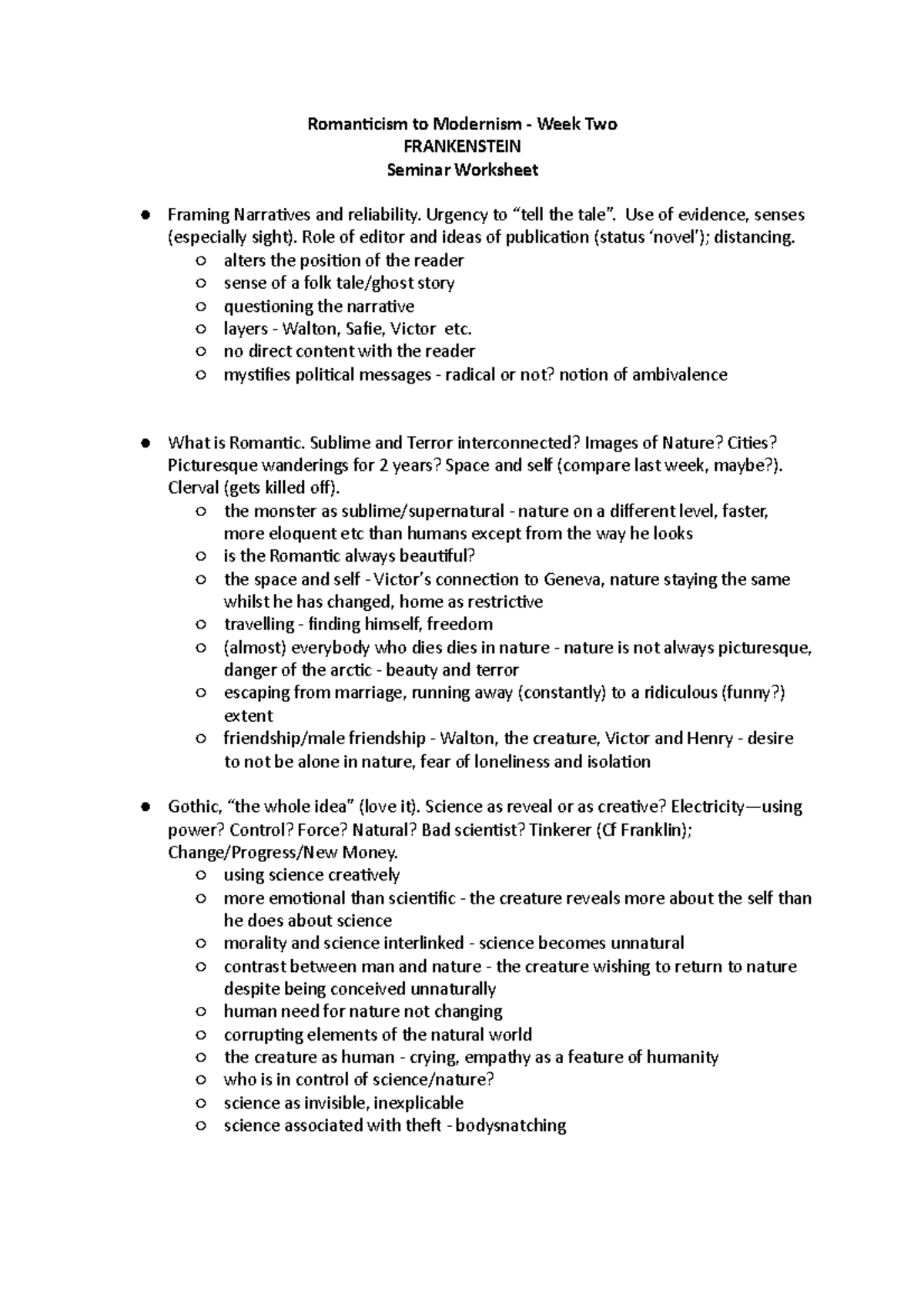 Week 2 worksheet - Romanticism to Modernism - Week Two FRANKENSTEIN ...