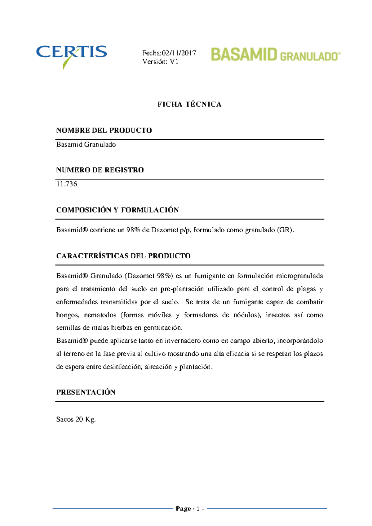 FDS Dazomet 98% Granulado - Versión: V 1 FICHA TÉCNICA NOMBRE DEL ...