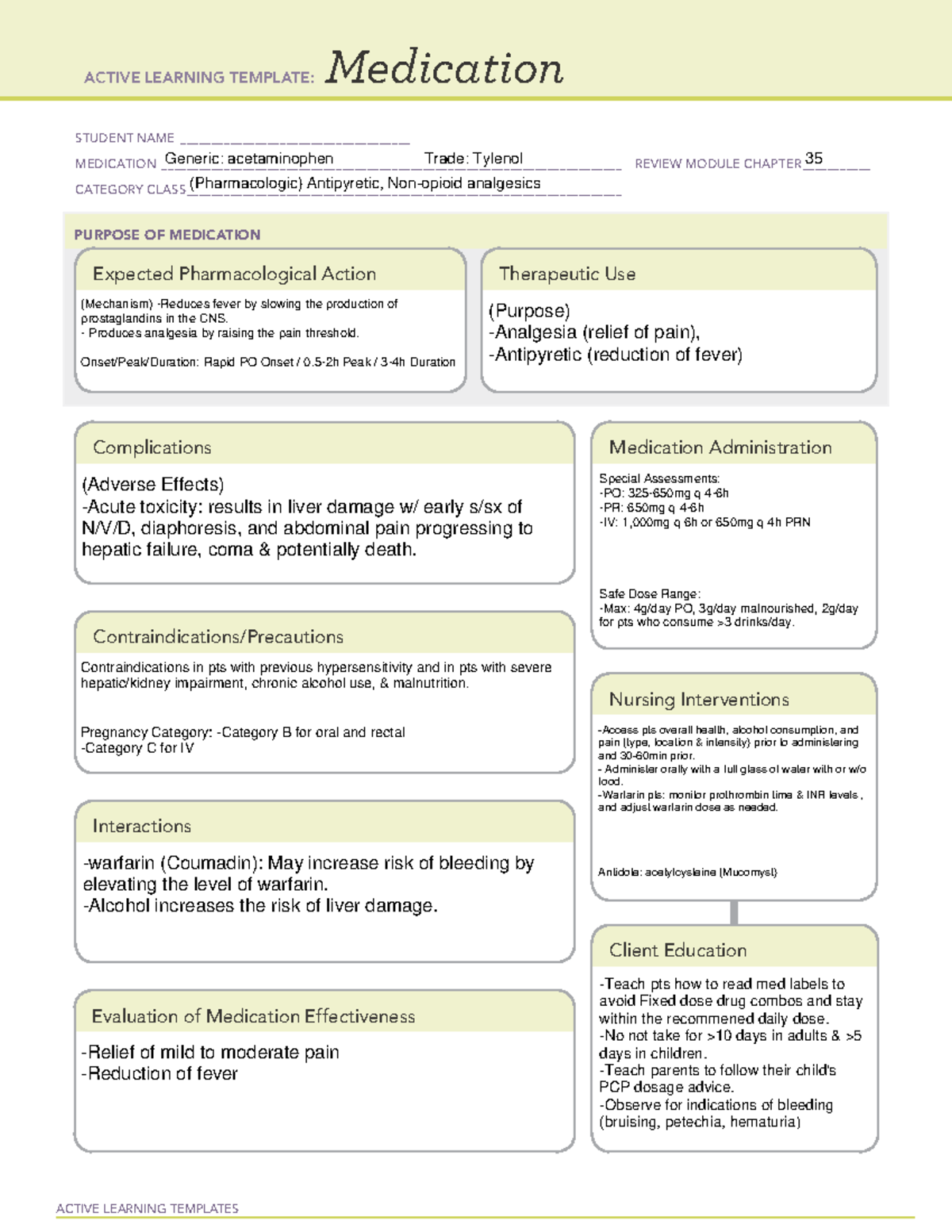 Acetaminophen - ACTIVE LEARNING TEMPLATES Medication STUDENT NAME - Studocu