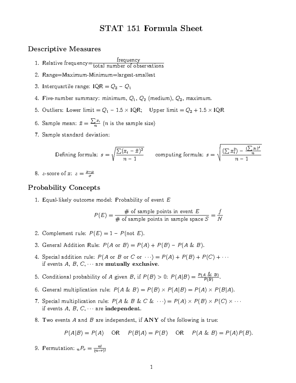 STAT151Formula Sheet - Stat 151 - MacEwan - Studocu