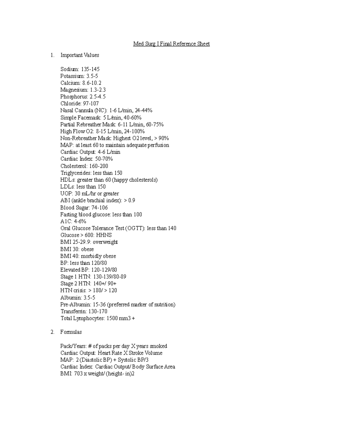Med Surg I Final Reference Sheet- Updated - Med Surg I Final Reference ...