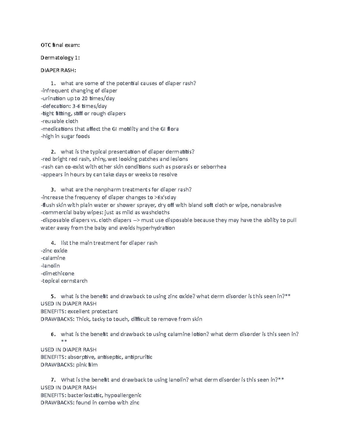 OTC final exam summary - OTC final exam: Dermatology 1: DIAPER RASH ...