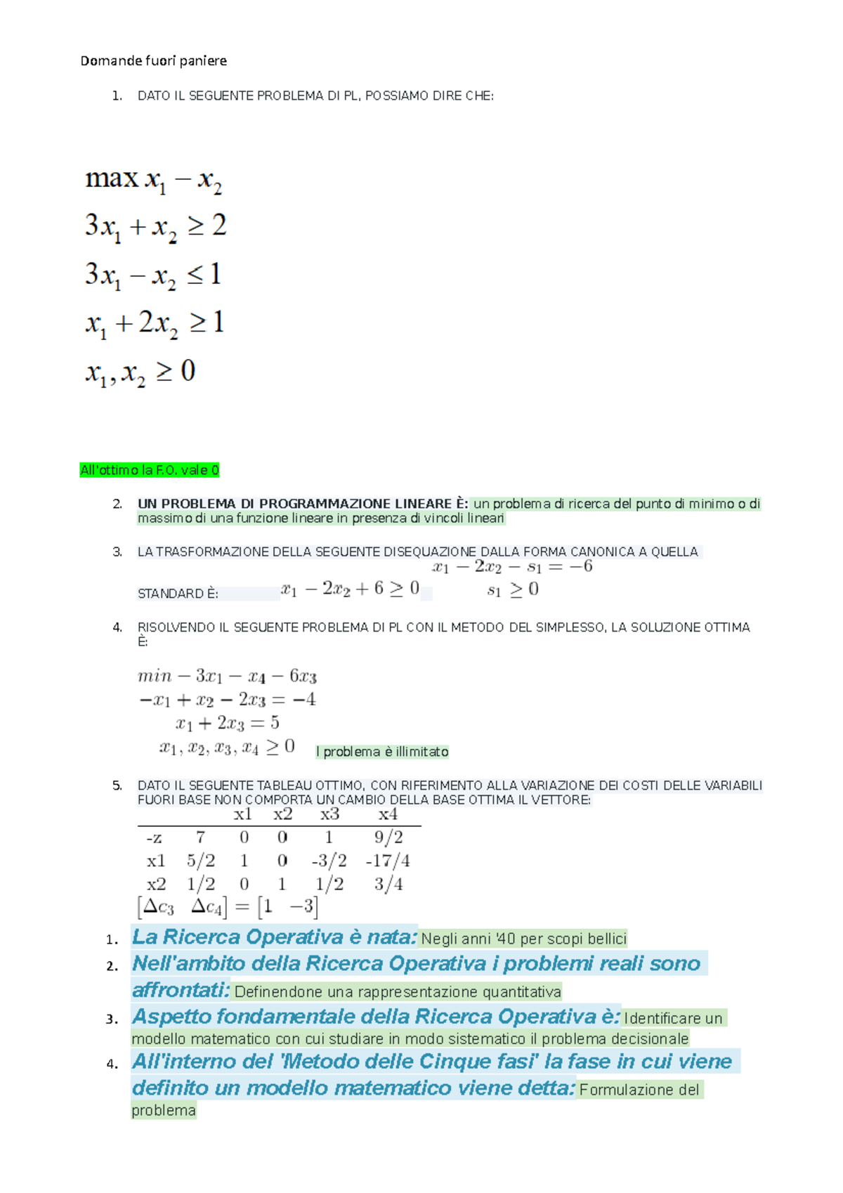 Paneriere fatto io ricerca operativa - 1. DATO IL SEGUENTE PROBLEMA DI ...
