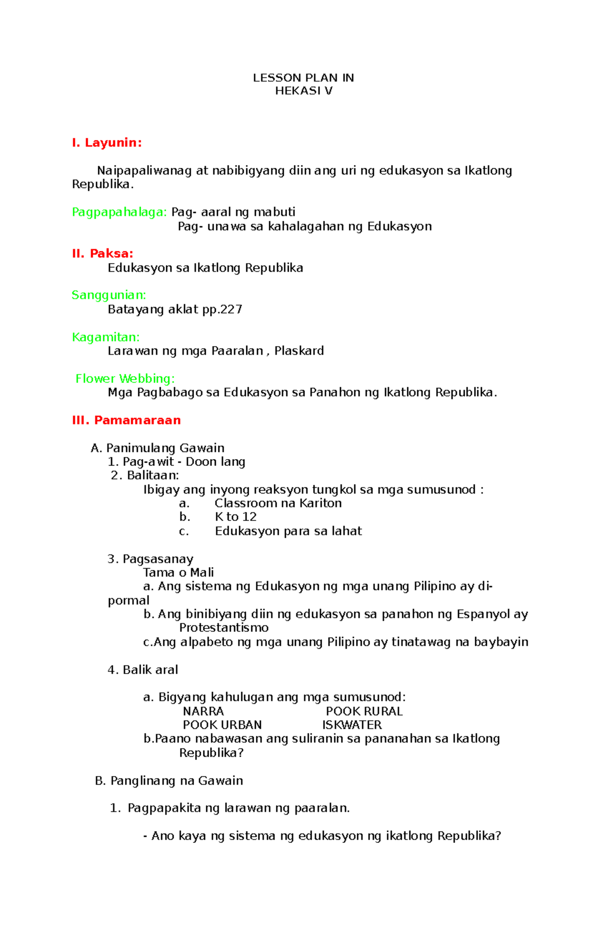 Lesson PLAN IN.docx Hekasi V - LESSON PLAN IN HEKASI V I. Layunin ...
