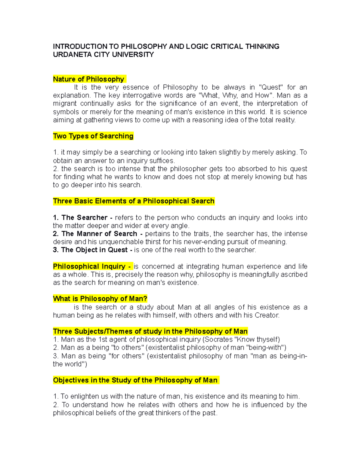 Philosophy OF MAN - INTRODUCTION TO PHILOSOPHY AND LOGIC CRITICAL ...