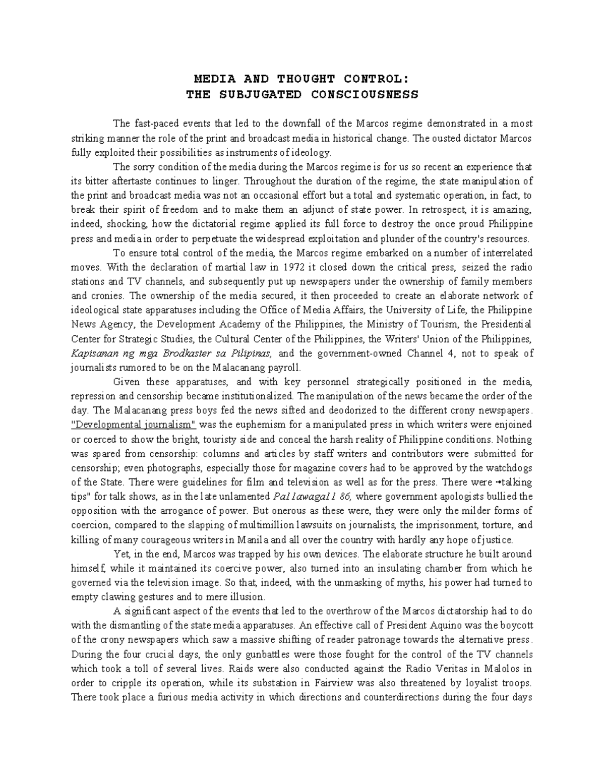 Media and Thought Control The Subjugated Consciousness - MEDIA AND ...