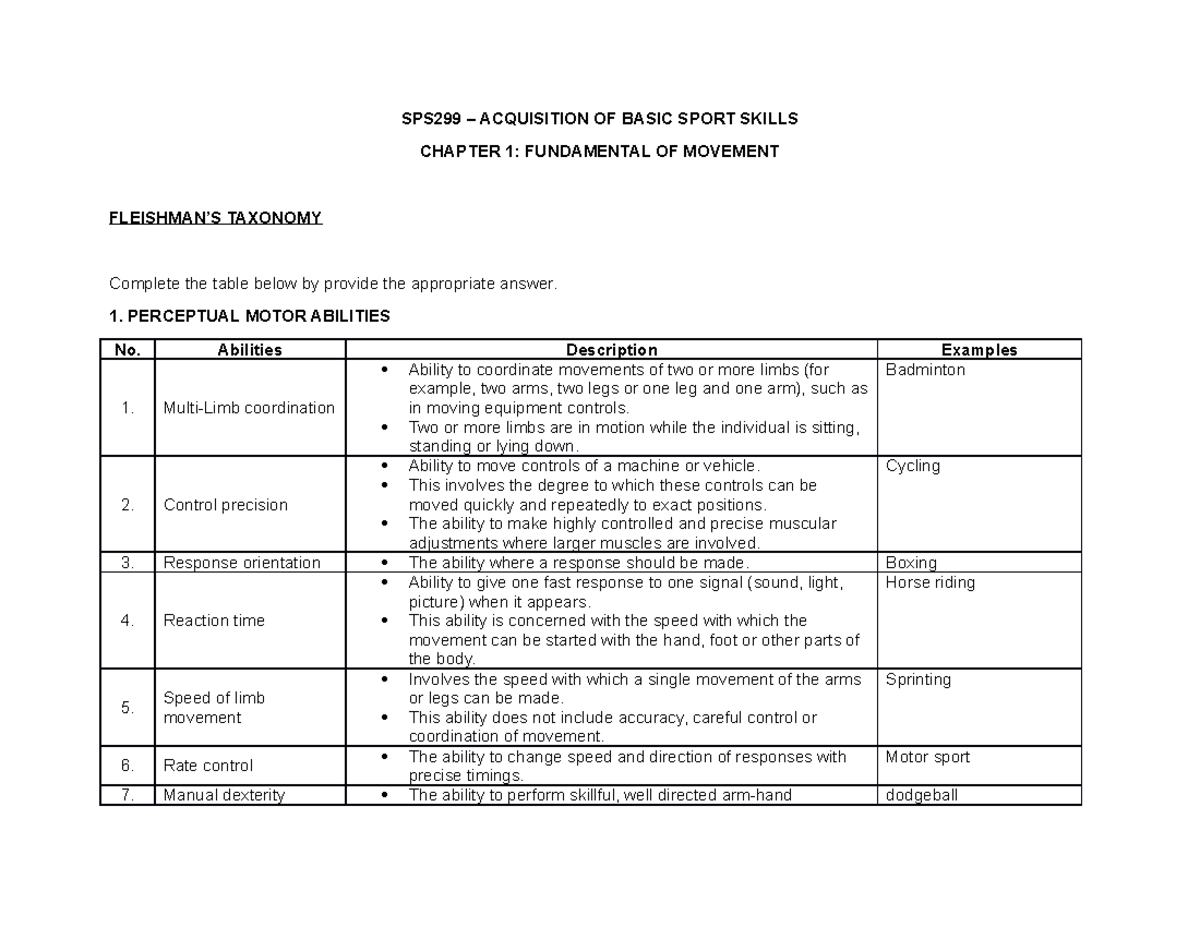 Tutorial 1 - Fundamental OF Movement - SPS299 – ACQUISITION OF BASIC SPORT SKILLS CHAPTER 1 ...