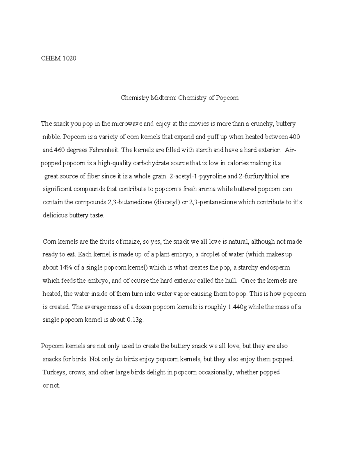 Chemistry Midterm - CHEM 1020 Chemistry Midterm: Chemistry of Popcorn ...