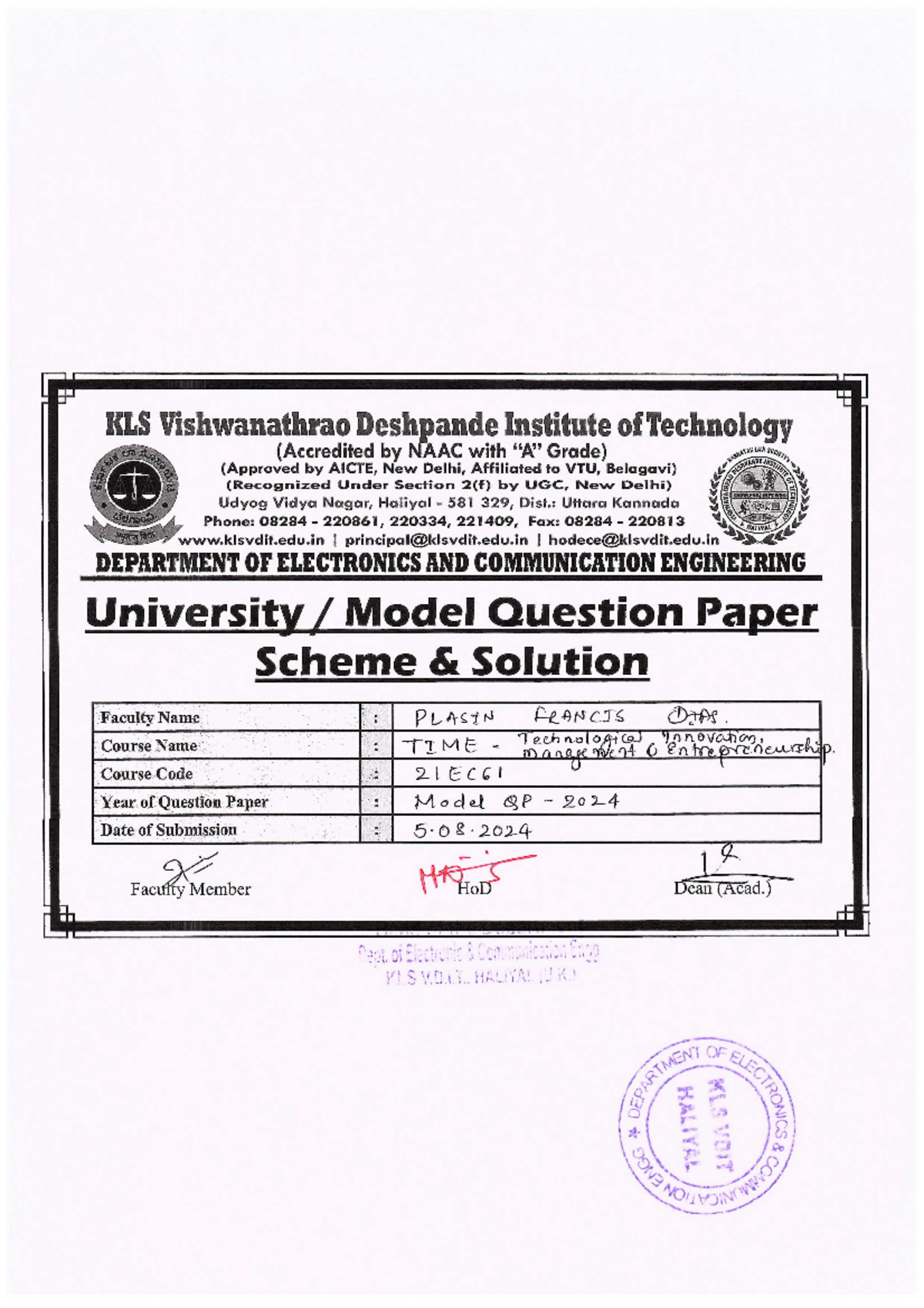 TIME-Scheme-Solution modelqp 2024 - 4 KLS Vishwanathrao Deshpande ...