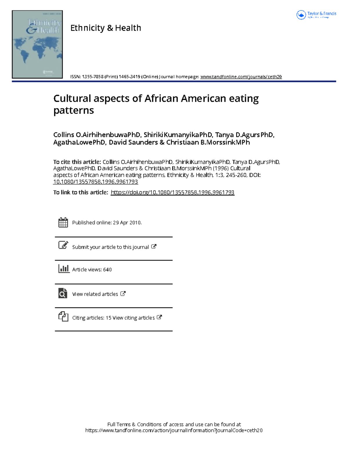 Cultural aspects of African American eating patterns - 1080/13557858 ...