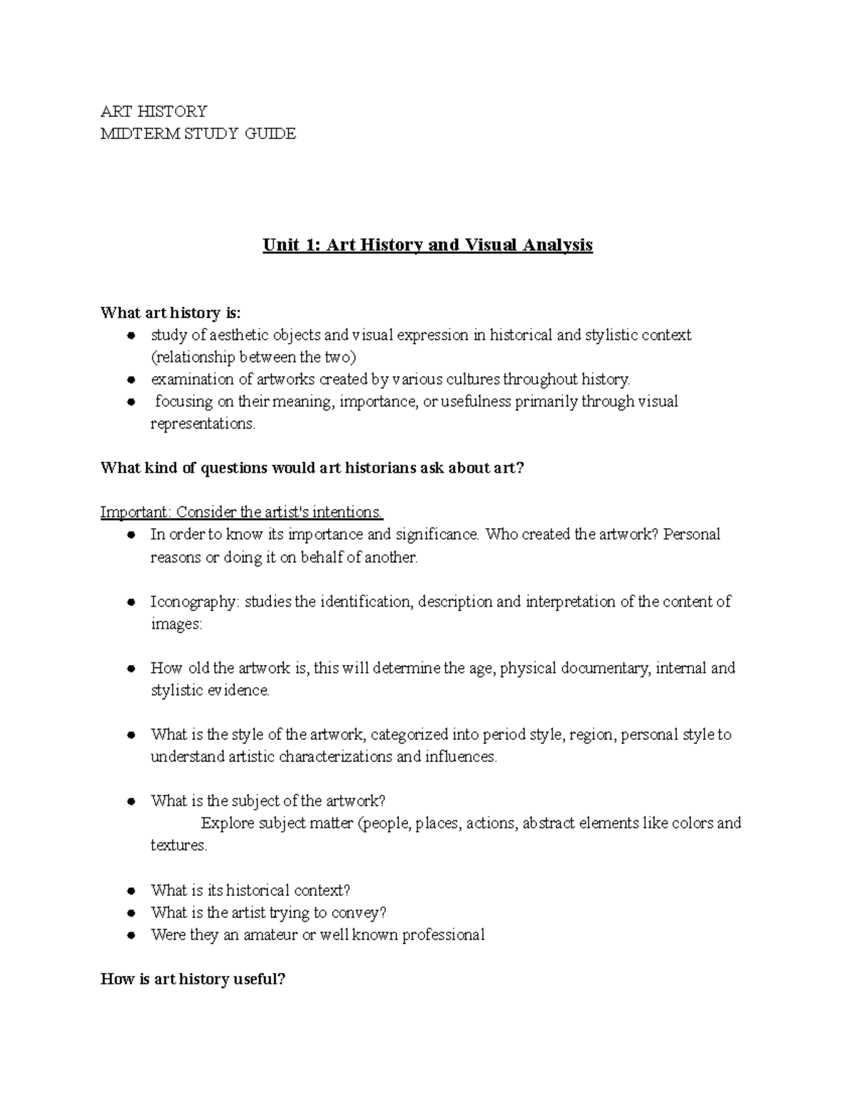 ART History Midterm - ART HISTORY MIDTERM STUDY GUIDE Unit 1: Art ...