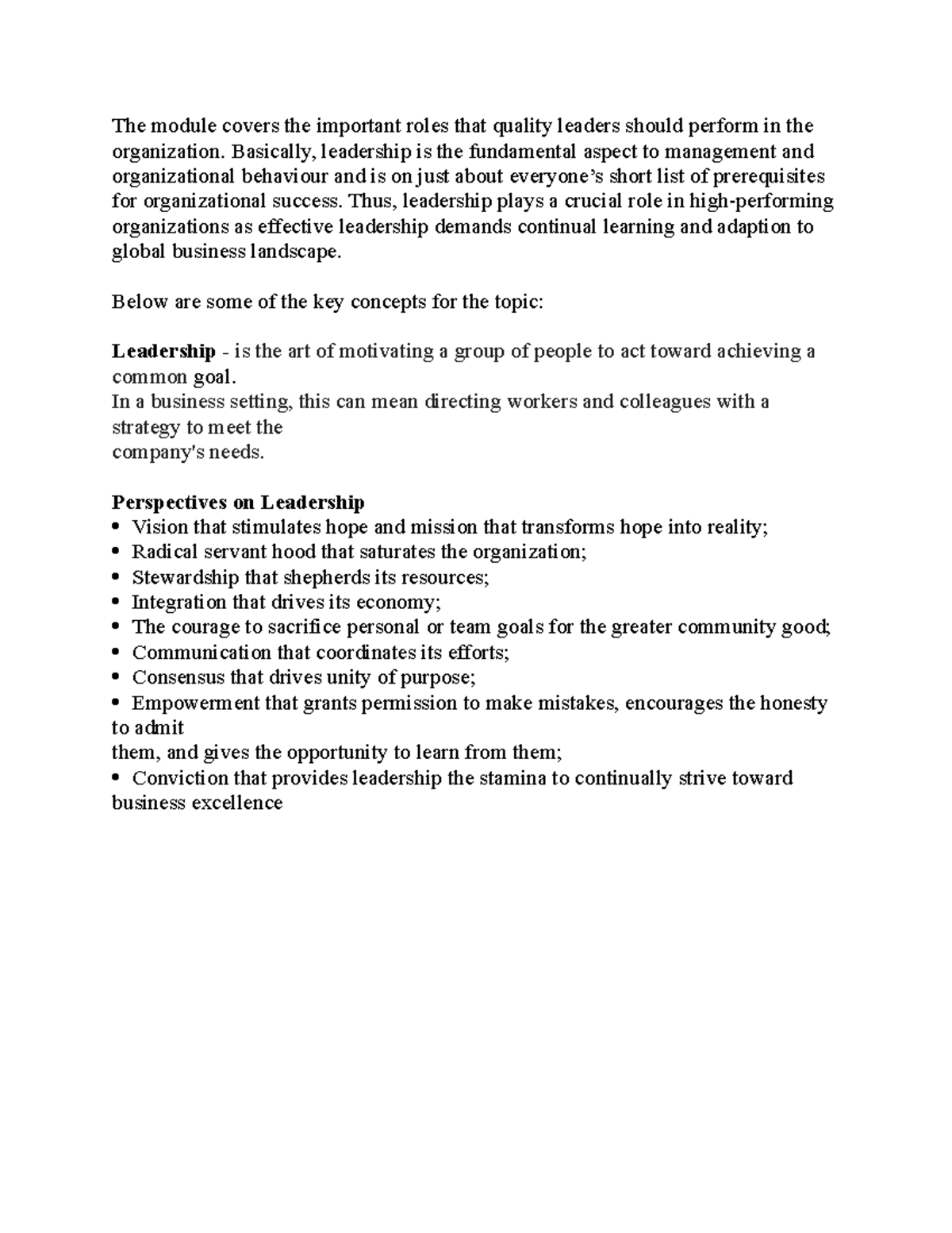 Roles and Importance of Leaders In Achieving Performance Excellence LMO - The module covers the ...