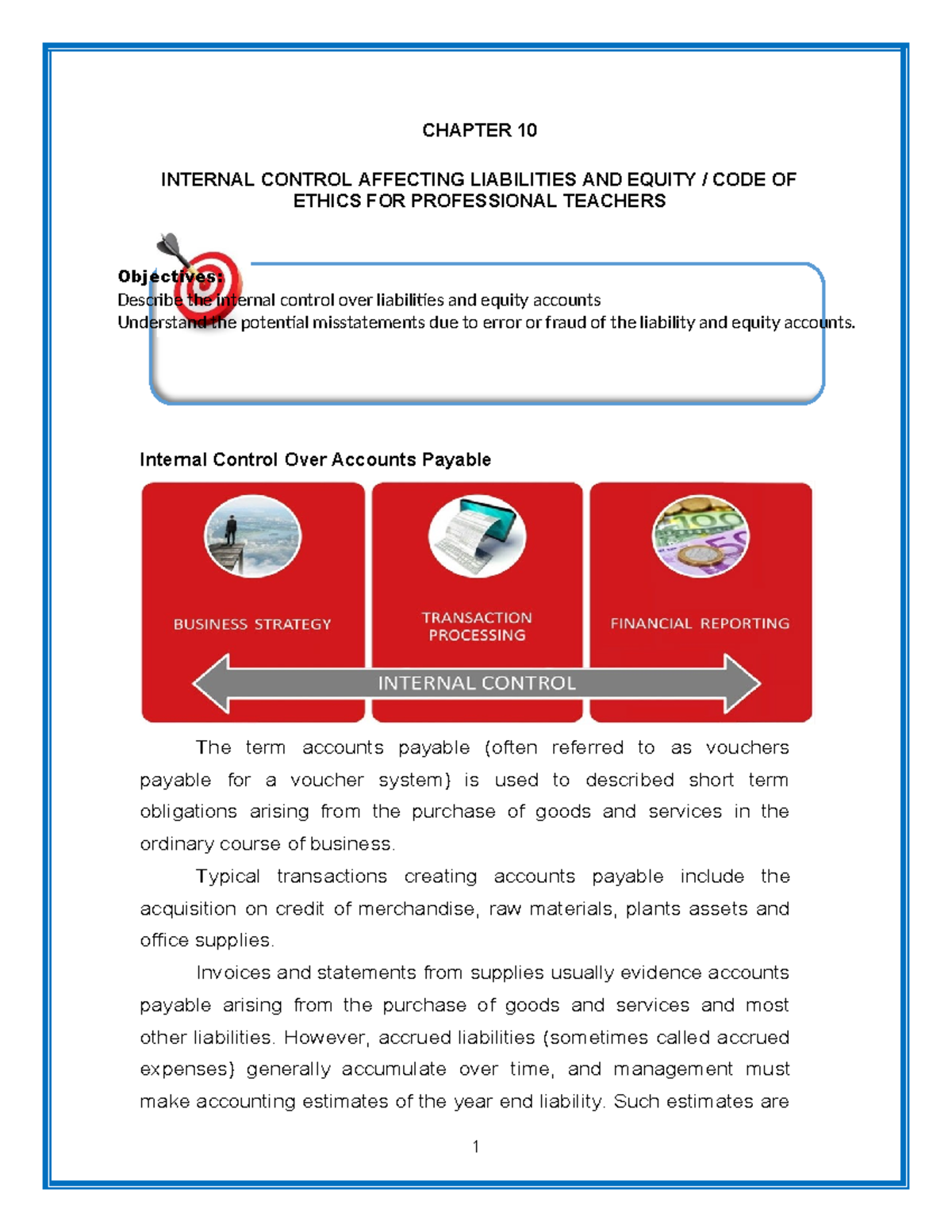 CAE01- Chapter 10 Module - Objectives: Describe the internal control over liabilities and equity ...