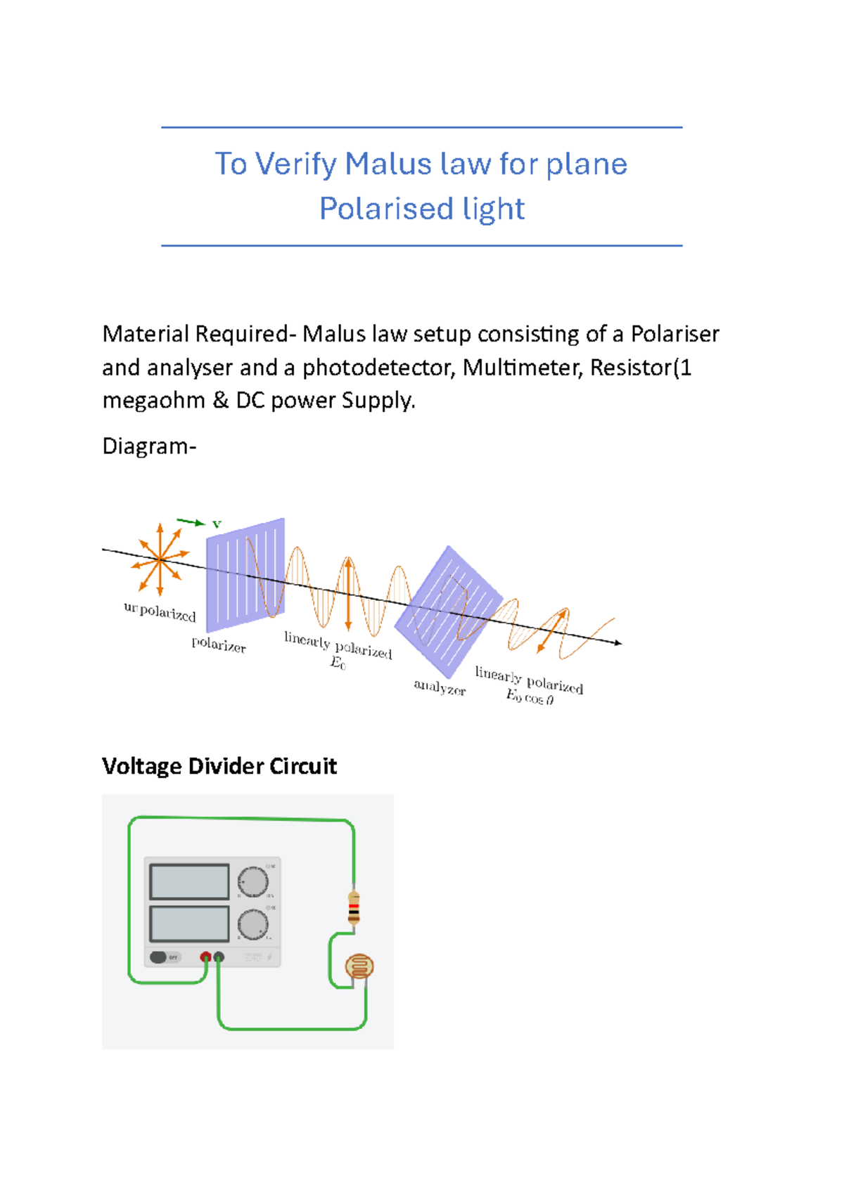 Malus law - Diagram- Voltage Divider Circuit Observation Table & Graph ...