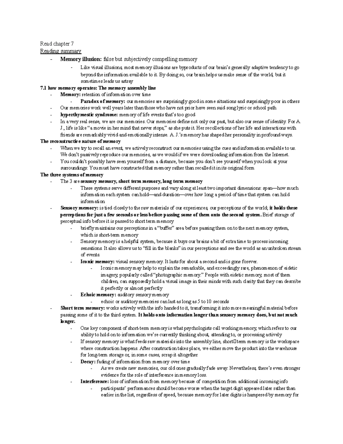 Chapter 7 & 8 Psy101 & lecture 10 - Read chapter 7 Reading summary ...