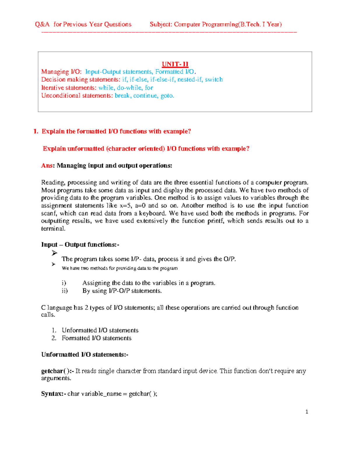 UNIT-II(Q A) cp - C program - UNIT- II Managing I/O: Input-Output statements, Formatted I/O ...